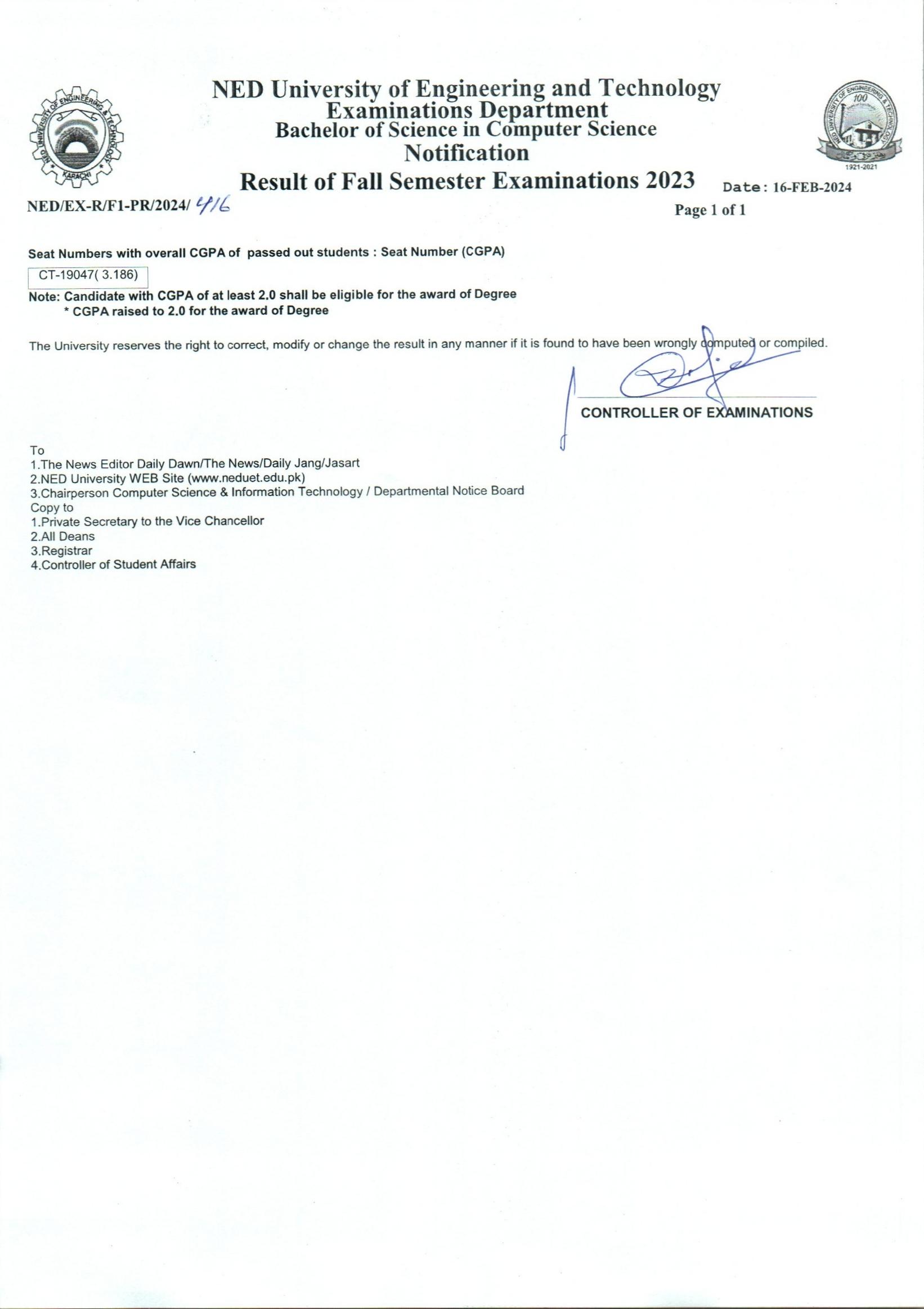 Examinations Results | NED University of Engineering & Technology