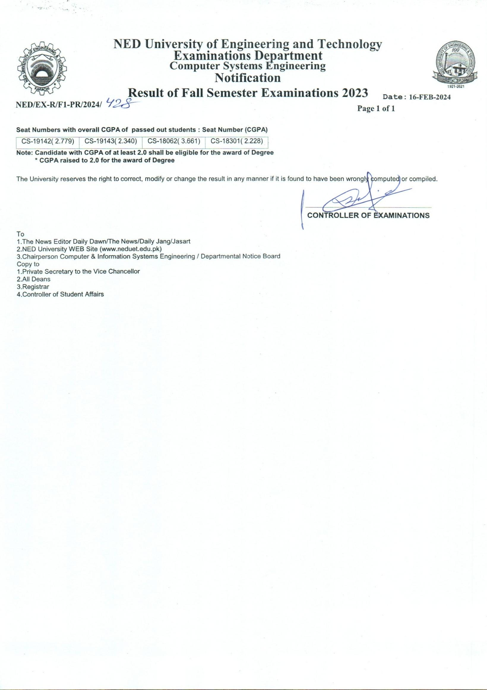 Examinations Results | NED University of Engineering & Technology