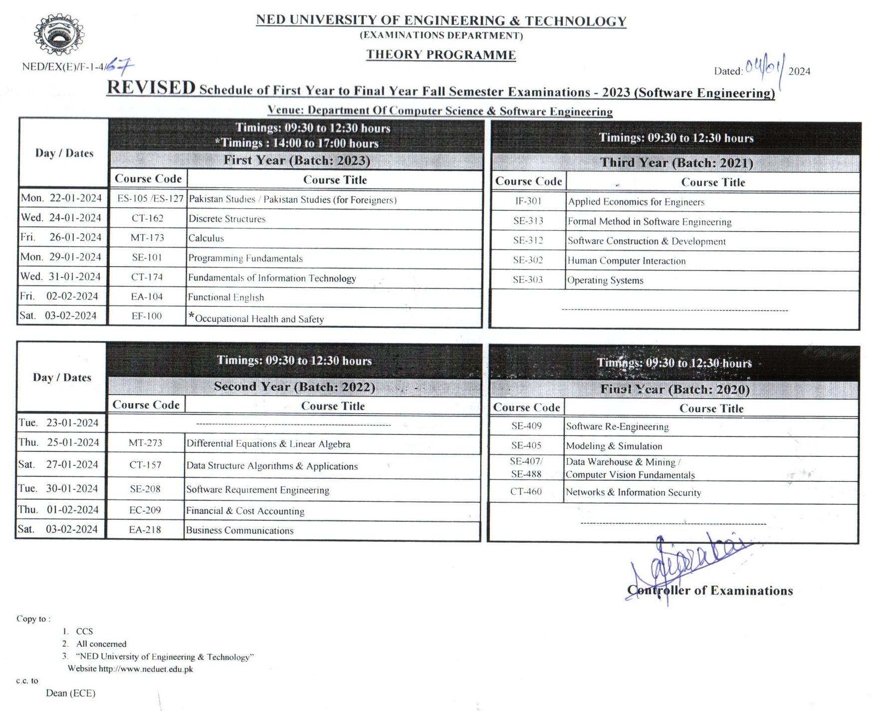 Examinations Schedules | NED University of Engineering & Technology