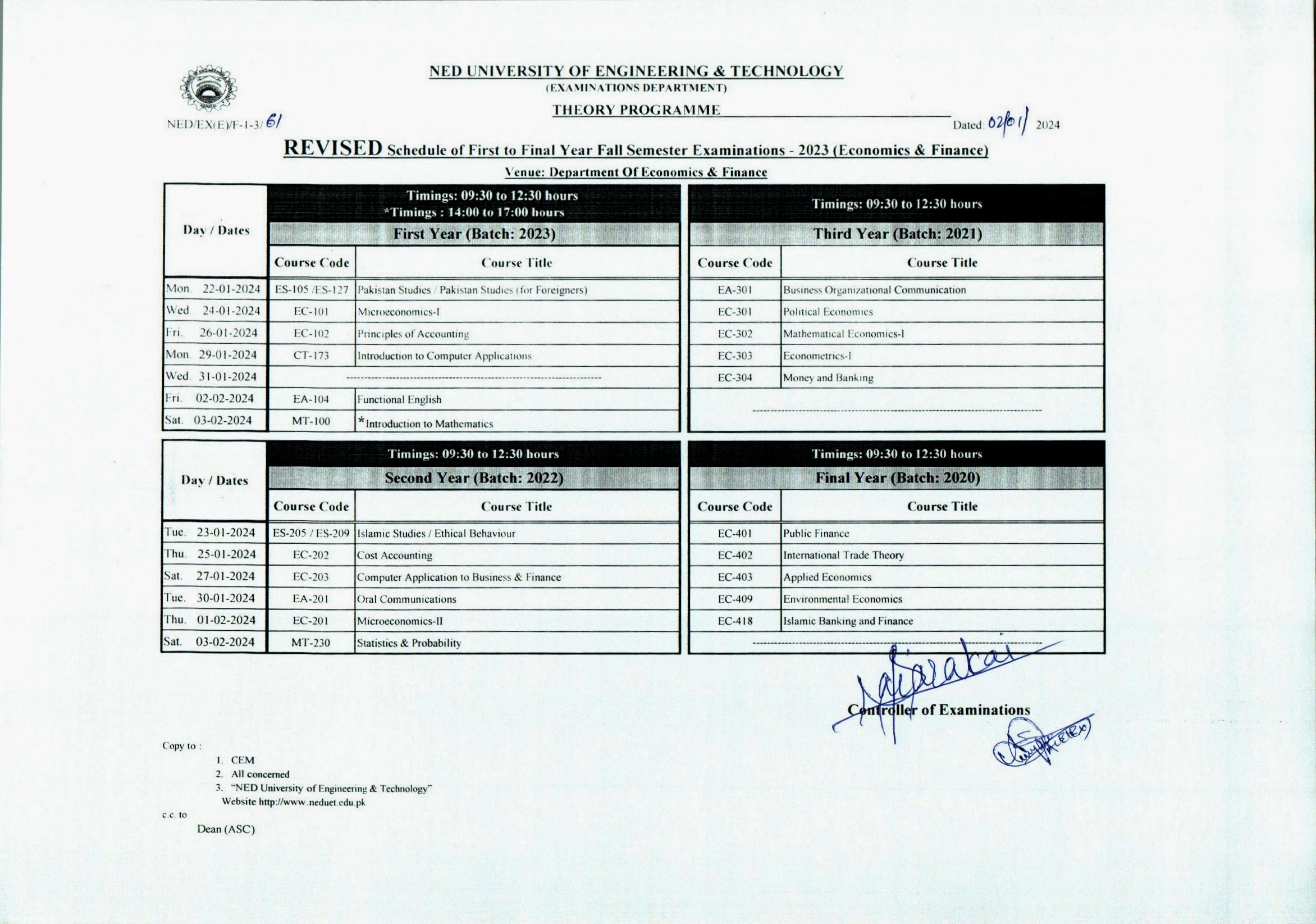 Examinations Schedules | NED University of Engineering & Technology
