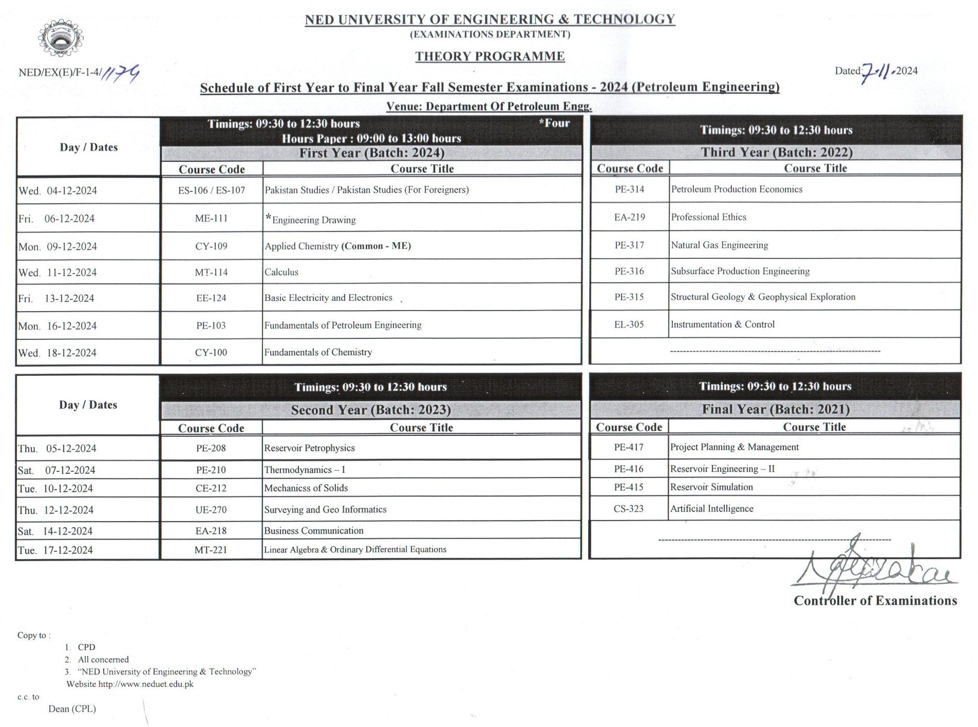 Examinations Schedules | NED University of Engineering & Technology
