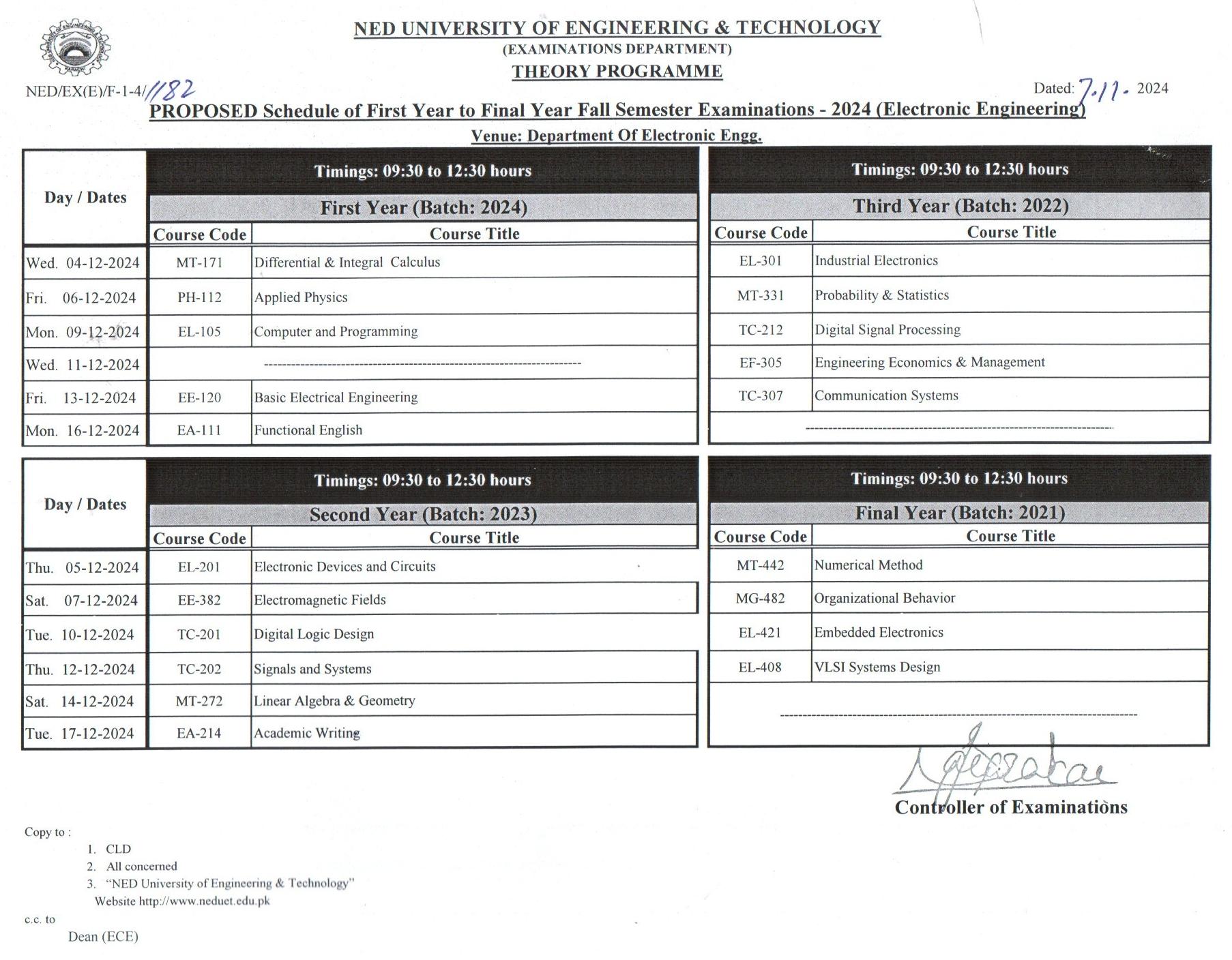 Examinations Schedules | NED University of Engineering & Technology