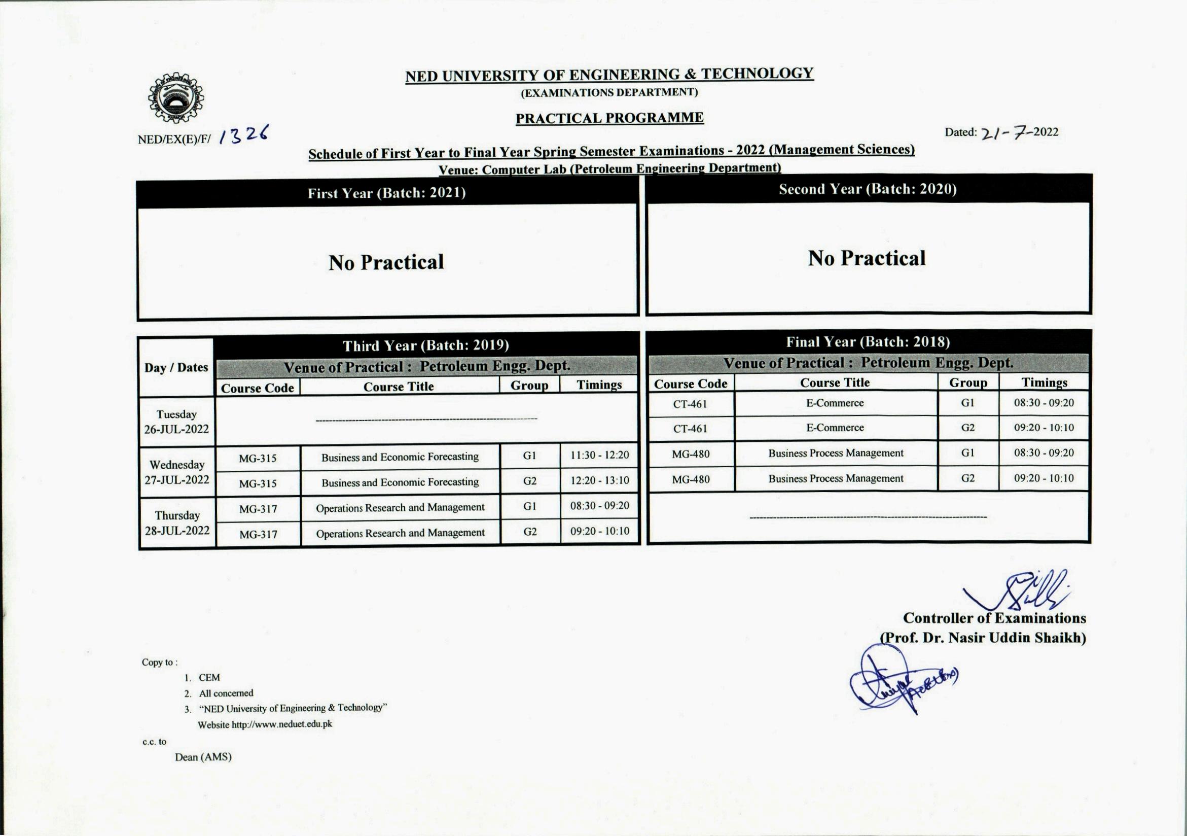 Examinations Schedules | NED University of Engineering & Technology