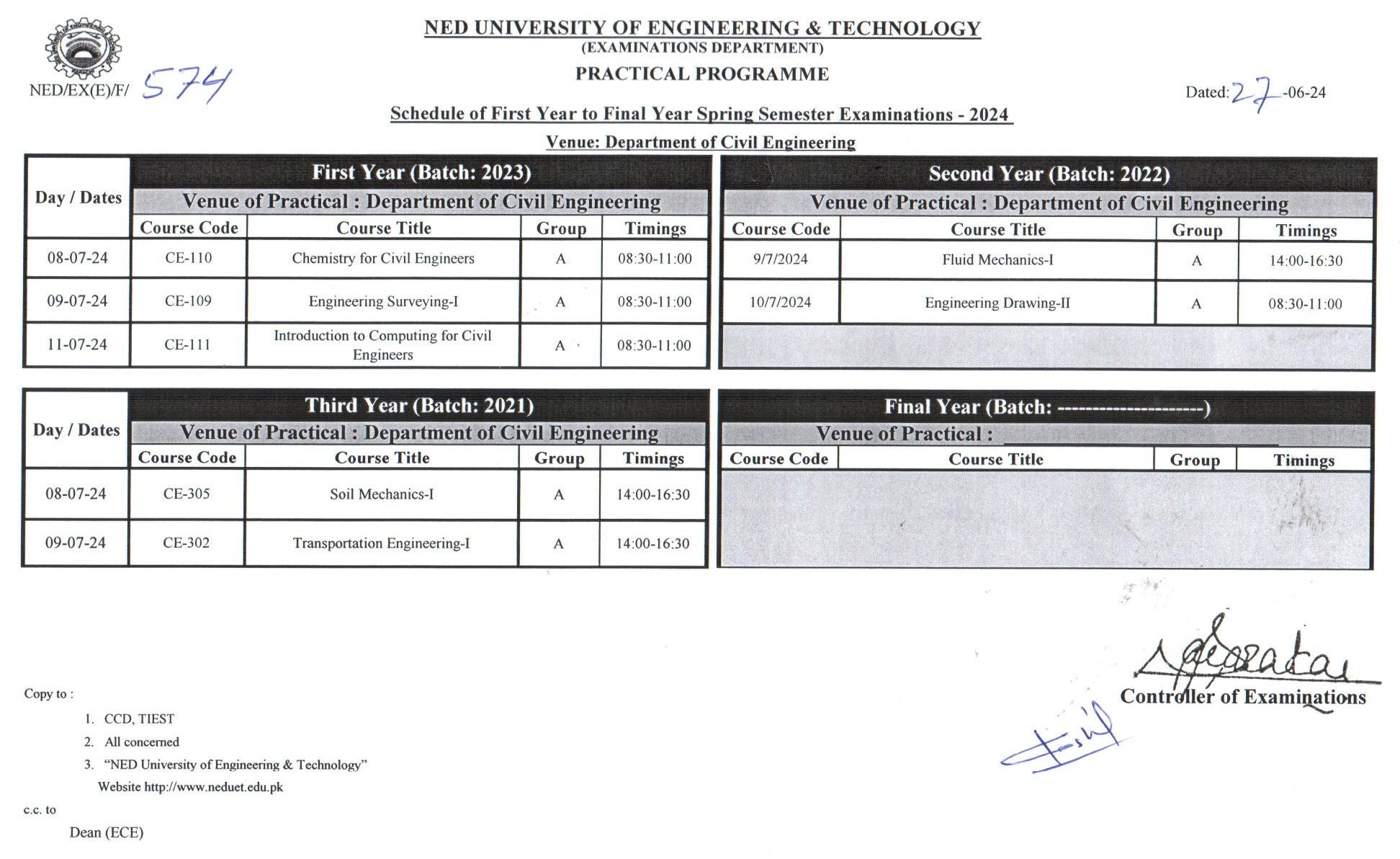 Examinations Schedules | NED University of Engineering & Technology