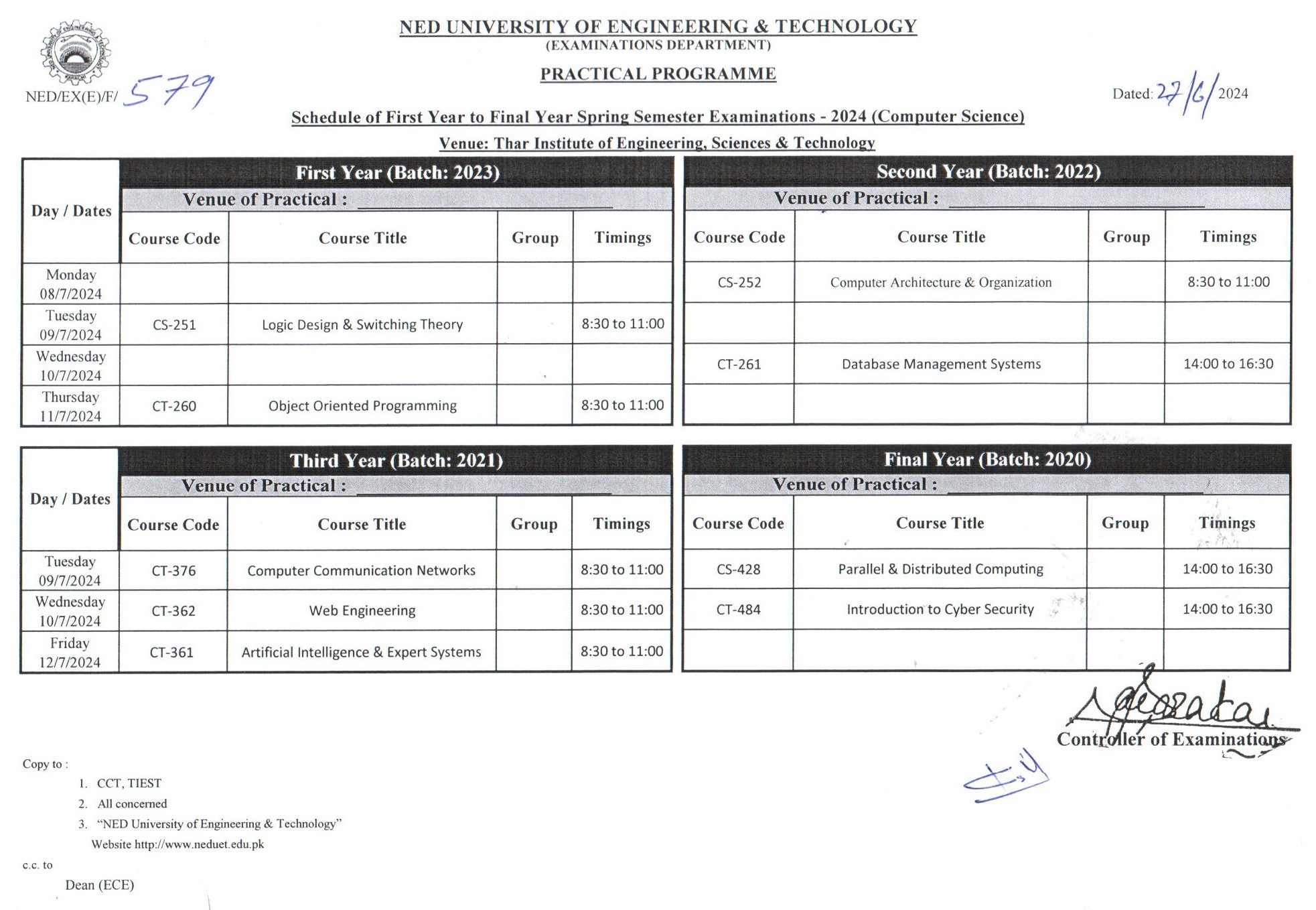 Examinations Schedules | NED University of Engineering & Technology