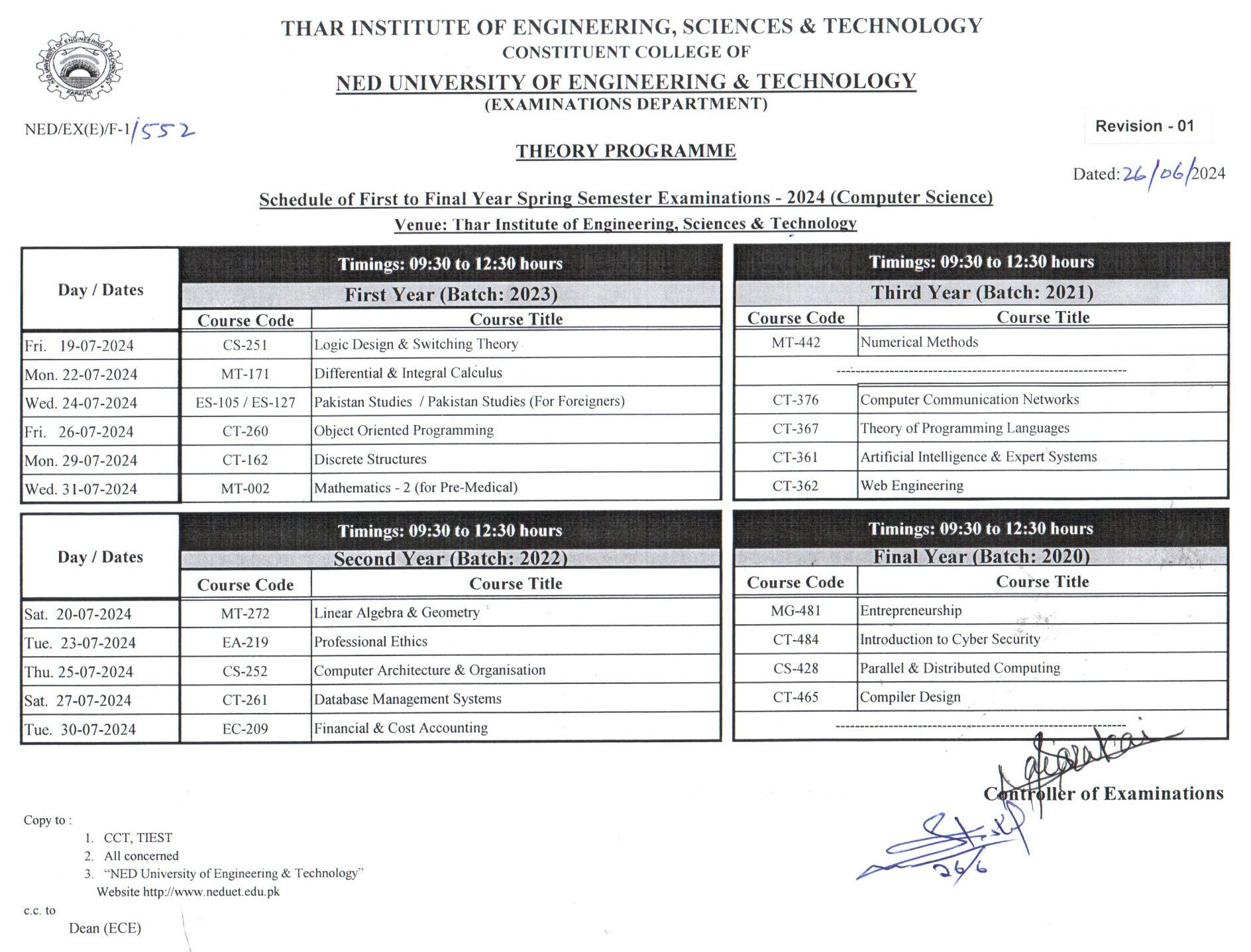 Examinations Schedules | NED University of Engineering & Technology