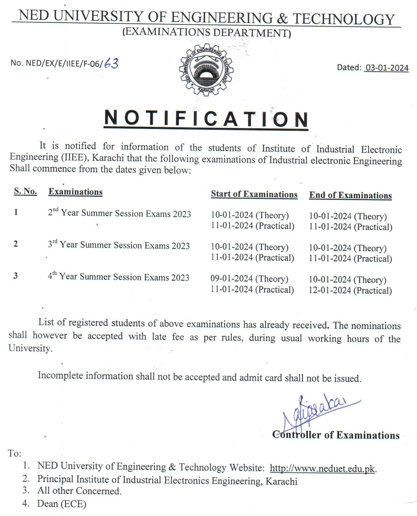 Examinations Schedules | NED University of Engineering & Technology