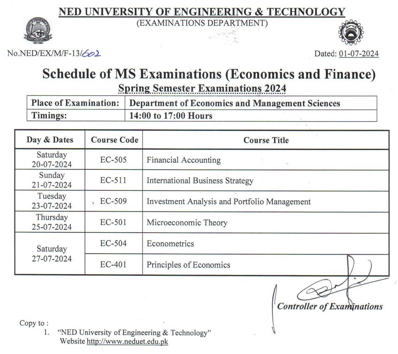 Examinations Schedules | NED University of Engineering & Technology