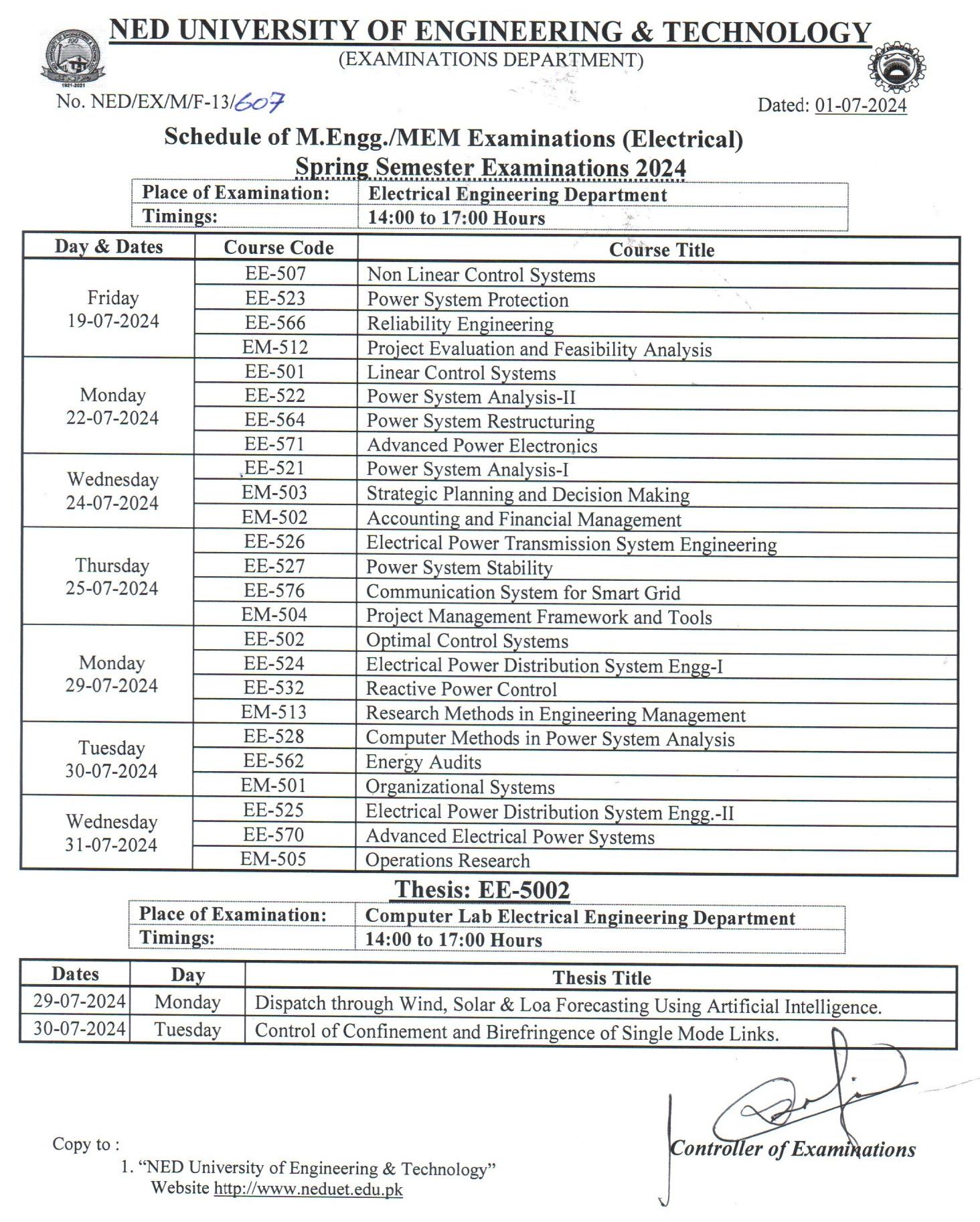 Examinations Schedules | NED University of Engineering & Technology