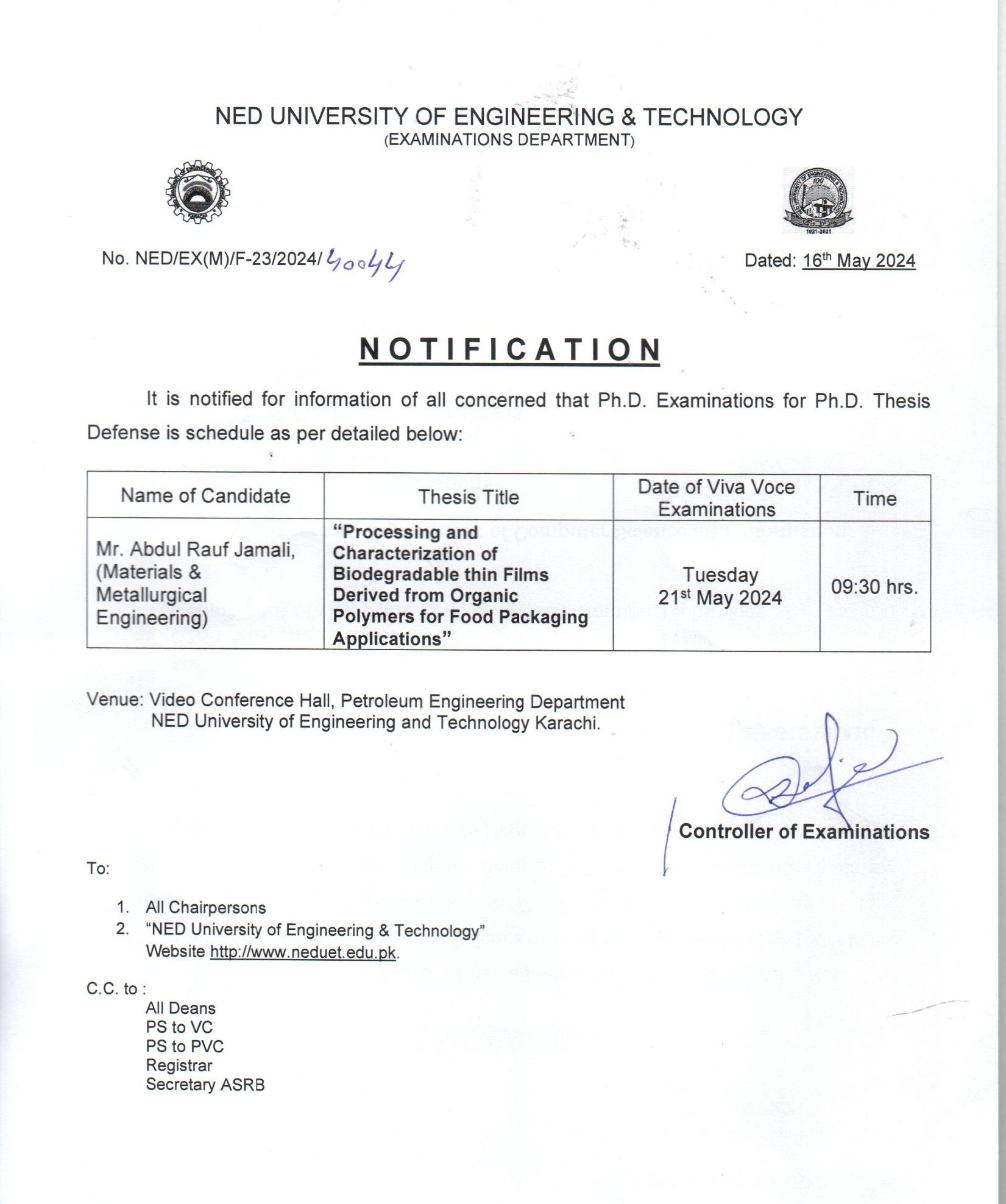 Examinations Schedules | NED University of Engineering & Technology