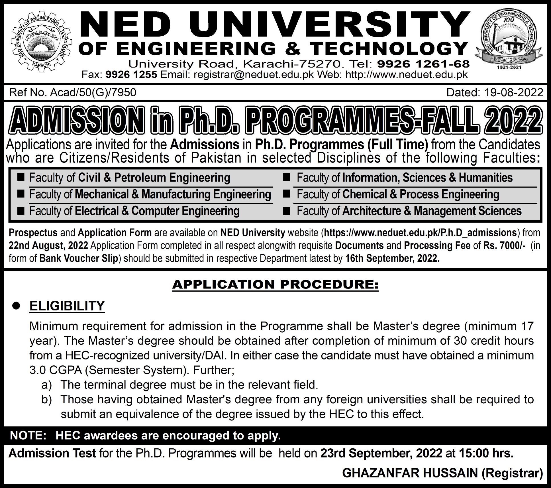 Ph. D. Admission | NED University of Engineering & Technology