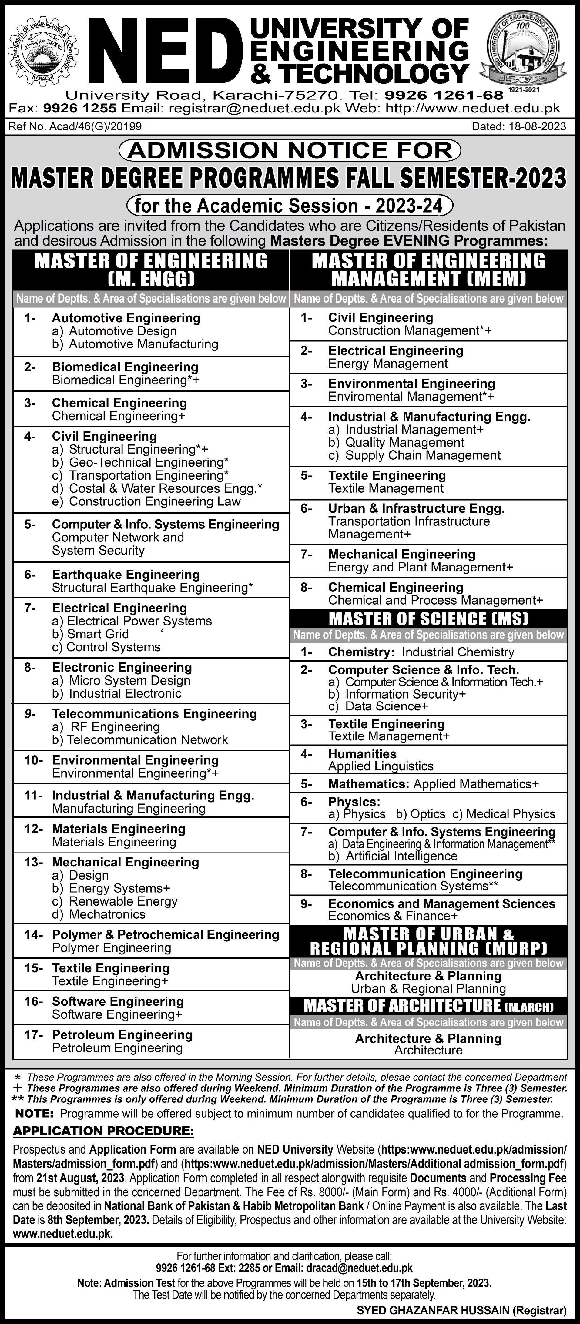 Postgraduate Admission | NED University of Engineering & Technology